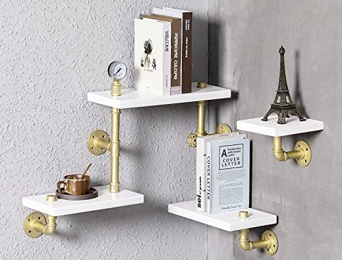 Industrial Retro Wall Mounted Iron Water Pipe Shelf/Bookcase/Shelving – Floating Shelf - Hung Bracket - DIY Storage Bookshelf – Height Adjustable Shelf - Wood Shelf (5-tier wall shelves, gold pipes)