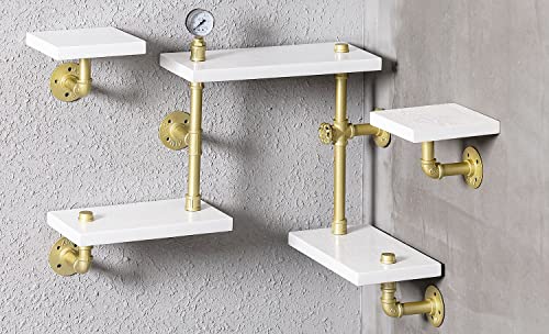 Industrial Retro Wall Mounted Iron Water Pipe Shelf/Bookcase/Shelving – Floating Shelf - Hung Bracket - DIY Storage Bookshelf – Height Adjustable Shelf - Wood Shelf (5-tier wall shelves, gold pipes)