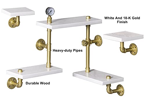 Industrial Retro Wall Mounted Iron Water Pipe Shelf/Bookcase/Shelving – Floating Shelf - Hung Bracket - DIY Storage Bookshelf – Height Adjustable Shelf - Wood Shelf (5-tier wall shelves, gold pipes)