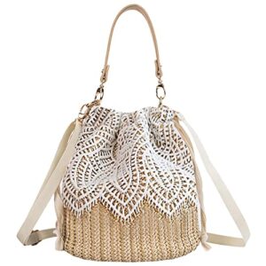 anopo straw shoulder bag women girls drawstring lace woven travel handbag rattan bucket summer beach hobo bag bohemian crossbody tote purse-leaf