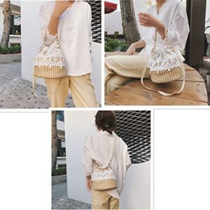 Anopo Straw Shoulder Bag Women Girls Drawstring Lace Woven Travel Handbag Rattan Bucket Summer Beach Hobo Bag Bohemian Crossbody Tote Purse-Leaf