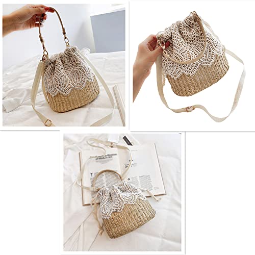 Anopo Straw Shoulder Bag Women Girls Drawstring Lace Woven Travel Handbag Rattan Bucket Summer Beach Hobo Bag Bohemian Crossbody Tote Purse-Leaf