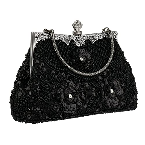 Rkrouco 1920s Vintage Beaded Clutch Evening Bags Pearl Flapper Handbag for Women Wedding Party（black）