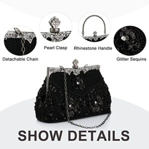 Rkrouco 1920s Vintage Beaded Clutch Evening Bags Pearl Flapper Handbag for Women Wedding Party（black）