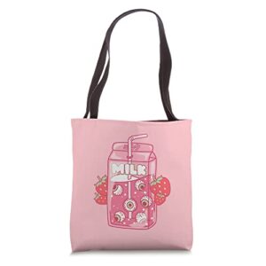 weirdcore aesthetic kawaii strawberry milk carton eyeballs tote bag