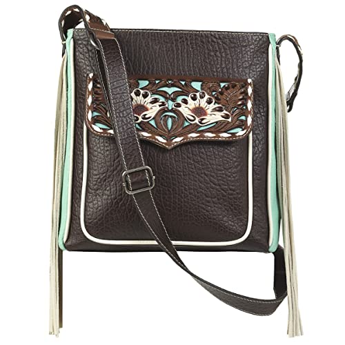 ARIAT Women's Monroe Floral Pierced Lacing Brown Crossbody Bag