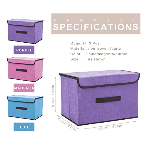 LELE LIFE 3Pack Storage Bins with Lids, Foldable Fabric Storage Cubes, Foldable Storage Box Collapsible Storage Bins for Organization and Storage, Purple+Pink+Blue