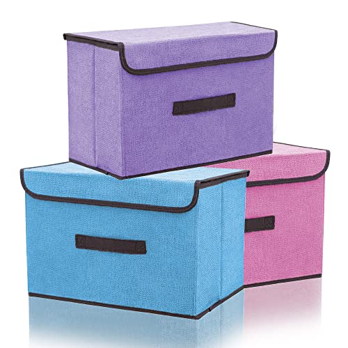 LELE LIFE 3Pack Storage Bins with Lids, Foldable Fabric Storage Cubes, Foldable Storage Box Collapsible Storage Bins for Organization and Storage, Purple+Pink+Blue