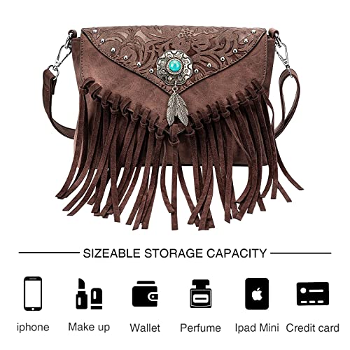 LAVAWA Small Crossbody Bags for Women Crossbody Handbag Fringe Purse Tassel Shoulder Bag Turquoise Concho Wallet