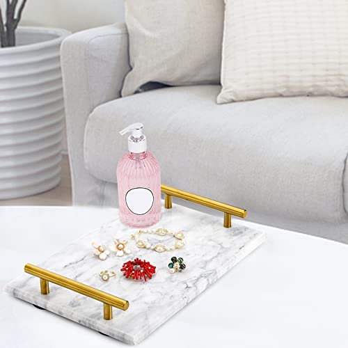 DEAYOU Marble Tray with Gold Handles, White Marble Stone Decorative Tray, 12" Nightstand Serving Tray with Metal Handle, Catchall Key Perfume Tray Pastry Food Board for Vanity, Coffee Table, Desk