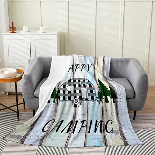 Camper All Season,Bed Blanket Happy Camping Plush Throw Blanket, RV Camping Flannel Fleece Blanket for Bedroom Decor Cartoon Camping Car Farmhouse Trailers Camper 40"x50"