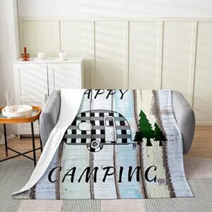 Camper All Season,Bed Blanket Happy Camping Plush Throw Blanket, RV Camping Flannel Fleece Blanket for Bedroom Decor Cartoon Camping Car Farmhouse Trailers Camper 40"x50"