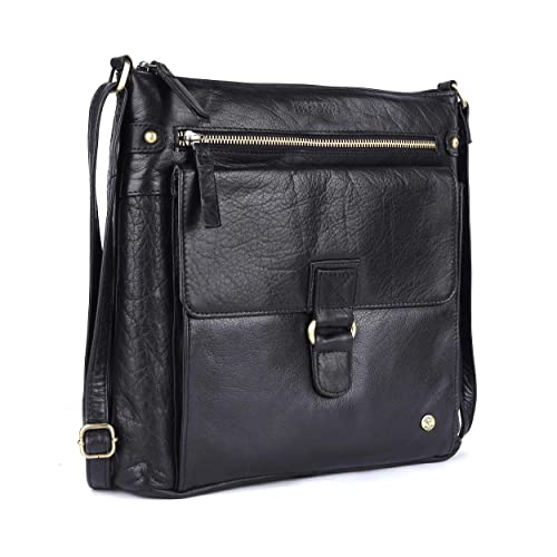 LEDERBUCK Shirley Large Soft Real Leather Crossbody handbag-Triple Zip Premium Sling Crossover Shoulder Bag for Women (Black)