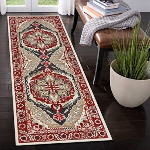 floral medallion runner rug 2’x6′ non skid hallways accent distressed floor carpet, super soft boho tribal vintage living room mat, machine washable bedroom entrance kitchen floor throw rugs(red)