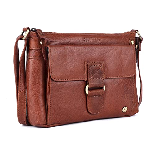 LEDERBUCK Lucy Small Soft Leather Sling Crossbody Handbags- Double Zip Premium Sling Crossover Shoulder Bag for Women (Cognac)