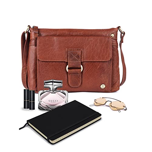 LEDERBUCK Lucy Small Soft Leather Sling Crossbody Handbags- Double Zip Premium Sling Crossover Shoulder Bag for Women (Cognac)