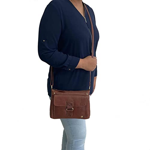 LEDERBUCK Lucy Small Soft Leather Sling Crossbody Handbags- Double Zip Premium Sling Crossover Shoulder Bag for Women (Cognac)