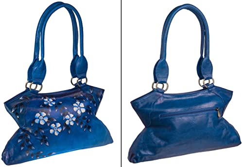 Evi's Bags Women's Hand Painted Genuine Leather Handbag - Shoulder Bag - Hobo, by Evi's Bags. Unique, Large, Handmade Purse - Satchel - Tote. Wearable Art - “Midnight BlueIn Bag, Blue, White, Black