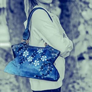 Evi's Bags Women's Hand Painted Genuine Leather Handbag - Shoulder Bag - Hobo, by Evi's Bags. Unique, Large, Handmade Purse - Satchel - Tote. Wearable Art - “Midnight BlueIn Bag, Blue, White, Black