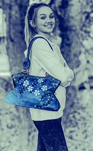 Evi's Bags Women's Hand Painted Genuine Leather Handbag - Shoulder Bag - Hobo, by Evi's Bags. Unique, Large, Handmade Purse - Satchel - Tote. Wearable Art - “Midnight BlueIn Bag, Blue, White, Black