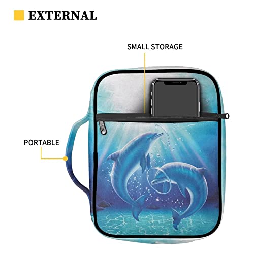 YEXIATODO Blue Cute Dolphin Bible Covers for Women Girls Bible Case Large Bible Bag Purse Crossbody Shoulder Backpack with Handle Bible Tote Bag Zipper Pocket Bible Cover for Bible Study