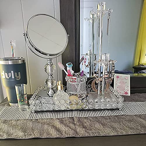 Hedume Crystal Cosmetic Makeup Tray, 12.3" x 8" Mirrored Vanity Tray, Large Jewelry Trinket Organizer Tray, Ornate Decorative Tray for Dresser Countertop Wedding Home Bathroom