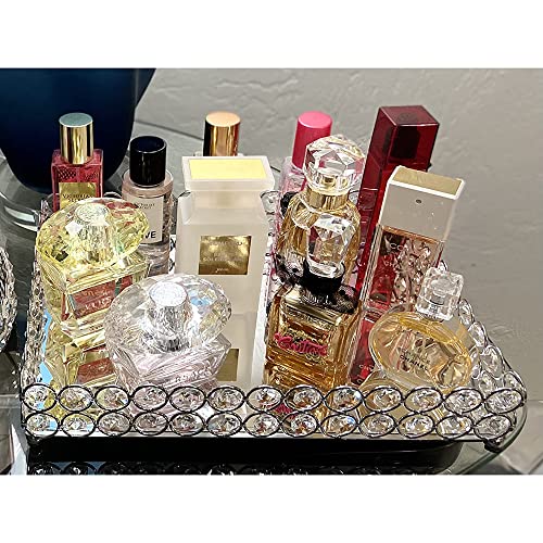 Hedume Crystal Cosmetic Makeup Tray, 12.3" x 8" Mirrored Vanity Tray, Large Jewelry Trinket Organizer Tray, Ornate Decorative Tray for Dresser Countertop Wedding Home Bathroom