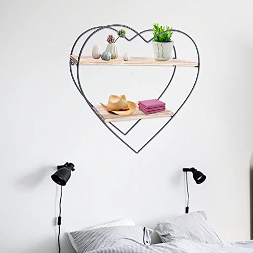 DYRABREST Heart Metal Wall Shelf 2-Tire Iron Wood Floating Shelves Storage Hanging Shelf Display Storage Organizer for Modern Bedroom Bathroom Kids Room Decoration Gifts