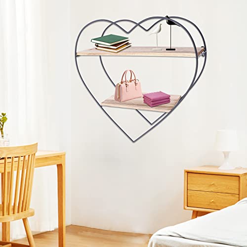 DYRABREST Heart Metal Wall Shelf 2-Tire Iron Wood Floating Shelves Storage Hanging Shelf Display Storage Organizer for Modern Bedroom Bathroom Kids Room Decoration Gifts