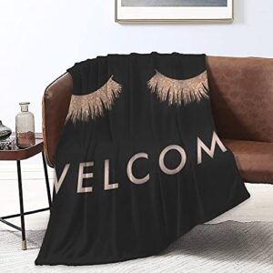 Super Soft Warm Cozy Throw Blanket Lightweight Flannel Wearable Blanket for Bed Couch Sofa Chair Home Decor, Stylish Black Rose Gold Eyelashes Welcome, 50"x40"