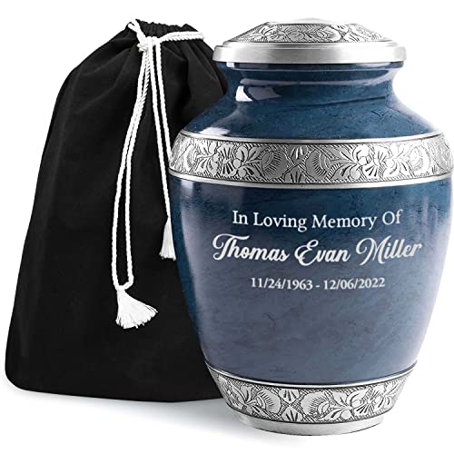 Personalized Cremation Urn for Adult Human Ashes - Custom Engraved Name Large Handcrafted Funeral Memorial with Striking Blue Design (Aluminum - 10 Inch Height x 7 Inch Width)