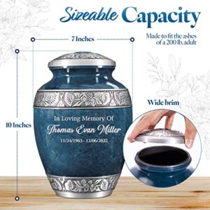 Personalized Cremation Urn for Adult Human Ashes - Custom Engraved Name Large Handcrafted Funeral Memorial with Striking Blue Design (Aluminum - 10 Inch Height x 7 Inch Width)