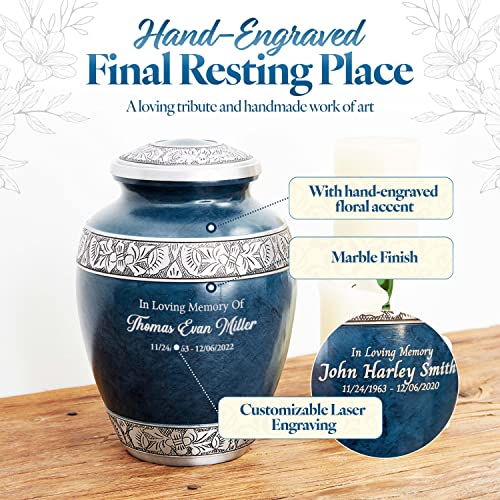 Personalized Cremation Urn for Adult Human Ashes - Custom Engraved Name Large Handcrafted Funeral Memorial with Striking Blue Design (Aluminum - 10 Inch Height x 7 Inch Width)