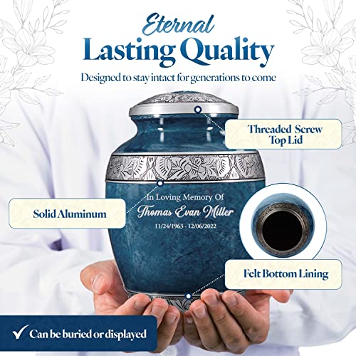 Personalized Cremation Urn for Adult Human Ashes - Custom Engraved Name Large Handcrafted Funeral Memorial with Striking Blue Design (Aluminum - 10 Inch Height x 7 Inch Width)