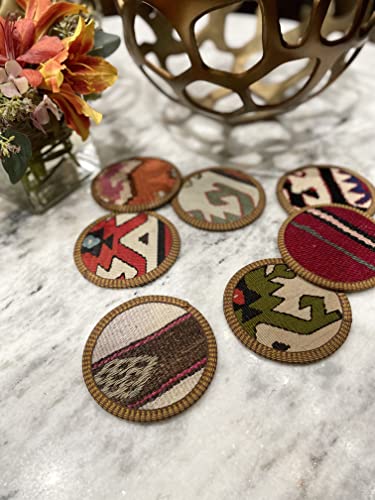 Kilim Fabric Coaster Set 6 Pieces, Authentic Turkish Kilim, Unique Fabric, Handmade, Each Set Unique/No Set Same