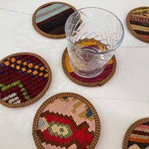 Kilim Fabric Coaster Set 6 Pieces, Authentic Turkish Kilim, Unique Fabric, Handmade, Each Set Unique/No Set Same