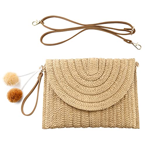 Konikit Straw Shoulder Bag for Women Hand-woven Summer Straw Crossbody Bag Beach Wallet khaki