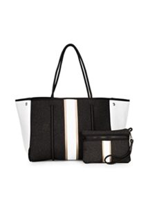 haute shore – greyson bravo neoprene tote bag w/zipper wristlet inside, black denim w/rosegold & white stripe