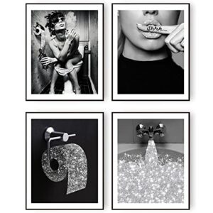 bathroom decor wall art prints glam glitter tissue sliver grey funny bathroom toilet paper artwork for wall black and white modern fashion art gallery wall set (8″x10″ unframed)