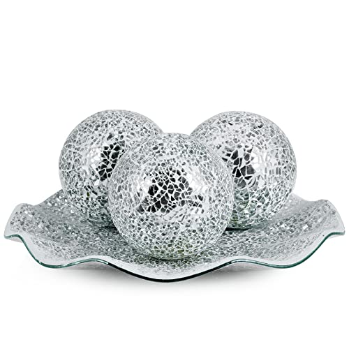 MDLUU Centerpiece Bowl and Balls Set, Mosaic Tray with 3 Pieces Spheres, 12" Decorative Plate with 4" Mosaic Orbs for Home Decor, Gift (Silver)