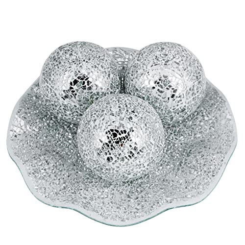 MDLUU Centerpiece Bowl and Balls Set, Mosaic Tray with 3 Pieces Spheres, 12" Decorative Plate with 4" Mosaic Orbs for Home Decor, Gift (Silver)