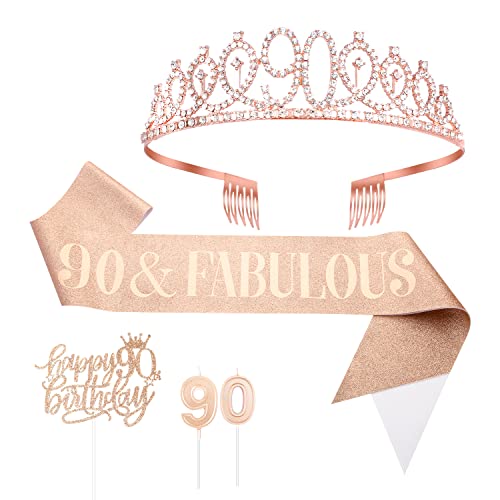 LUTER 5pcs 90th Birthday Crown and Sash Set, Sweet Rhinestone Tiara Queen Sash with Pin Cake Toppers Candles Birthday Decorations for Girls Women (Pink)