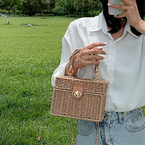 Handwoven Rattan vintage purse Bag Natural Chic Casual Handbag Beach Sea tote Basket Straw vacation Bag (Brown)