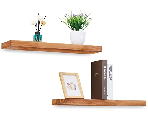 2 Pack 16" Solid Cedar Wood Floating Shelves, Brushed Finish, Wall Mounted for Home Living Room Bathroom