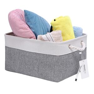 fabric storage basket, foldable linen storage box for nursery and home, collapsible canvas shelf basket for wardrobe or bedroom, grey and white