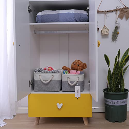 Fabric Storage Basket, Foldable Linen Storage Box for Nursery and Home, Collapsible Canvas Shelf Basket for Wardrobe or Bedroom, Grey and White