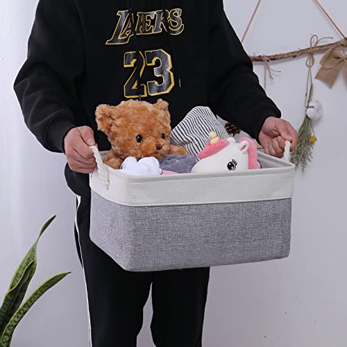 Fabric Storage Basket, Foldable Linen Storage Box for Nursery and Home, Collapsible Canvas Shelf Basket for Wardrobe or Bedroom, Grey and White