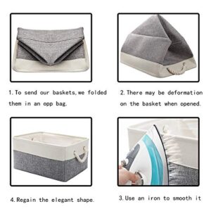 Fabric Storage Basket, Foldable Linen Storage Box for Nursery and Home, Collapsible Canvas Shelf Basket for Wardrobe or Bedroom, Grey and White