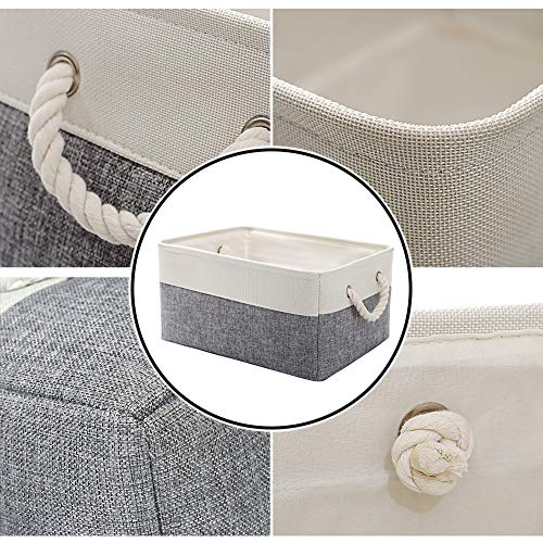 Fabric Storage Basket, Foldable Linen Storage Box for Nursery and Home, Collapsible Canvas Shelf Basket for Wardrobe or Bedroom, Grey and White