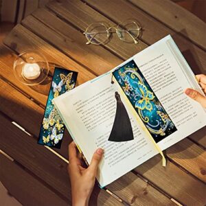 Alloyseed 2pcs Diamond Painting Bookmarks with Tassel for Office School Flower Animal Beaded Bookmark Kits DIY Special Shaped Diamond Art Craft Leather Bookmark Gift for Adults Kids Students Girls